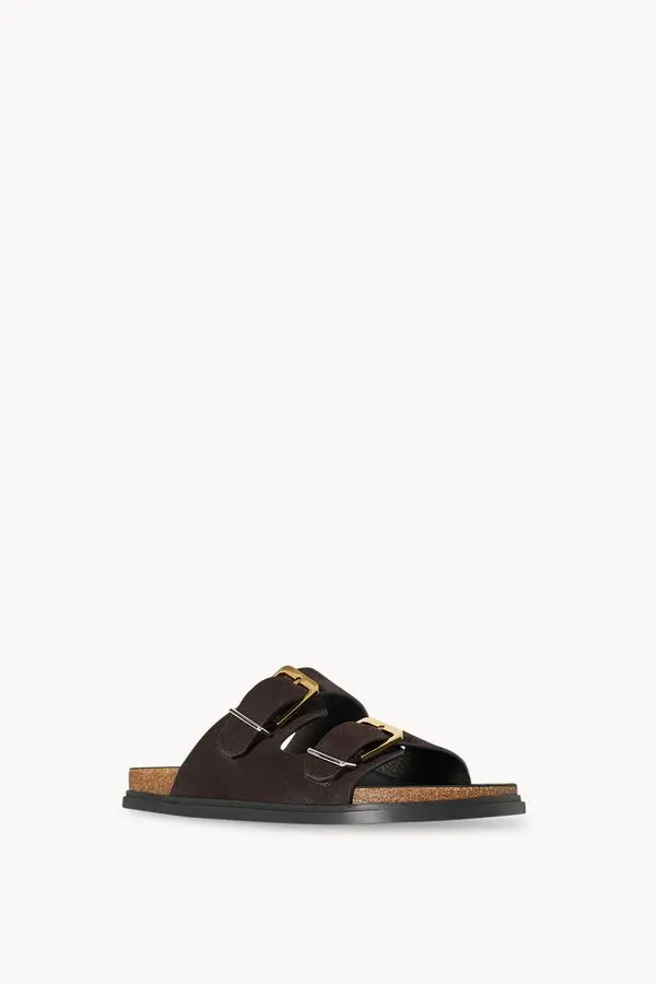 THE ROW Buckle Suede Slides - Coffee