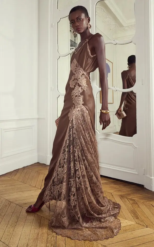 brown slip maxi dress La Fuori Slip Maxi Gown With Lace Train - Brown