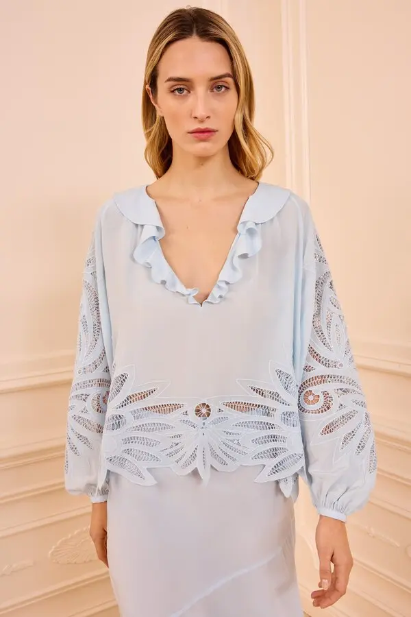 Ulla Johnson Adonis Silk Applique Blouse - Adriatic