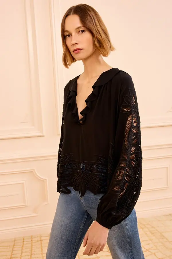 Ulla Johnson Adonis Silk Applique Blouse - Noir