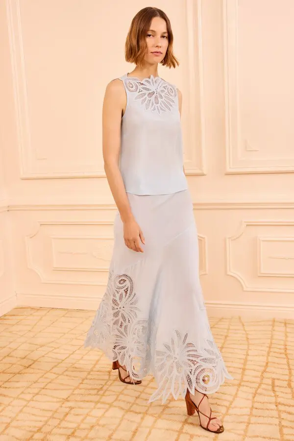 Ulla Johnson Oona Lace Applique Silk Midi Skirt - Adriatic