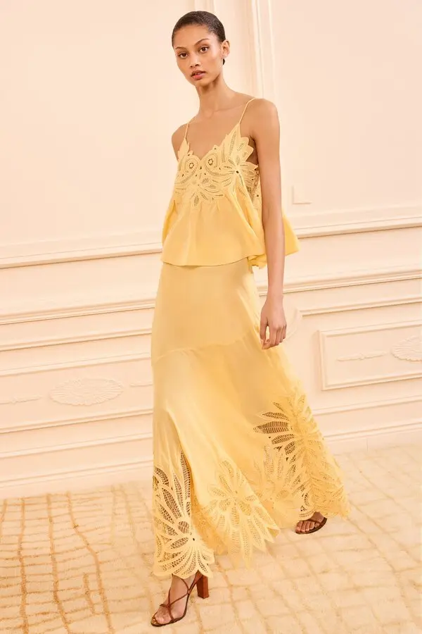 Ulla Johnson Oona Lace Appliqué Midi Skirt - Dandelion