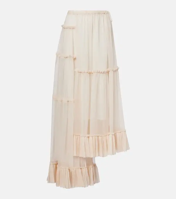 Dries Van Noten Ruffled Asymmetric Silk Maxi Skirt - White