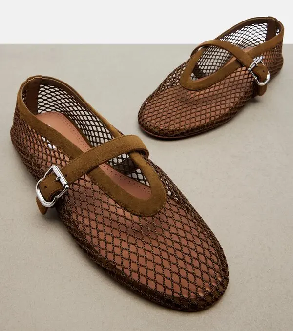 Alaïa Suede-trimmed Fishnet Ballet Flats - Brown