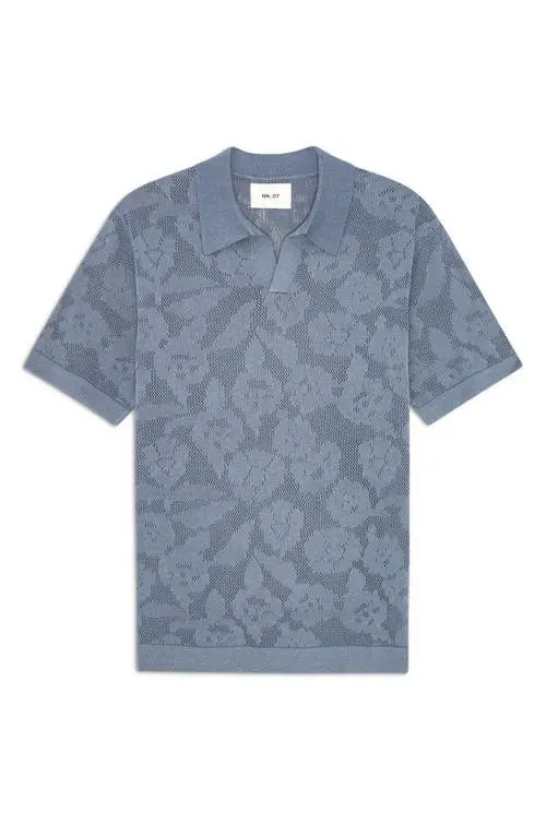 Nn07 Ryan Floral Pointelle Jersey Polo - Stone Blue