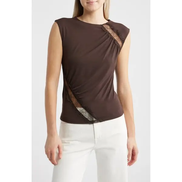 Mango Lace Panel Ruched Top - Brown