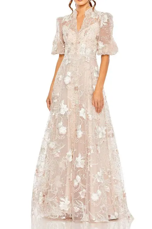 Mac Duggal Embroidered Queen Anne A-line Gown - Blush