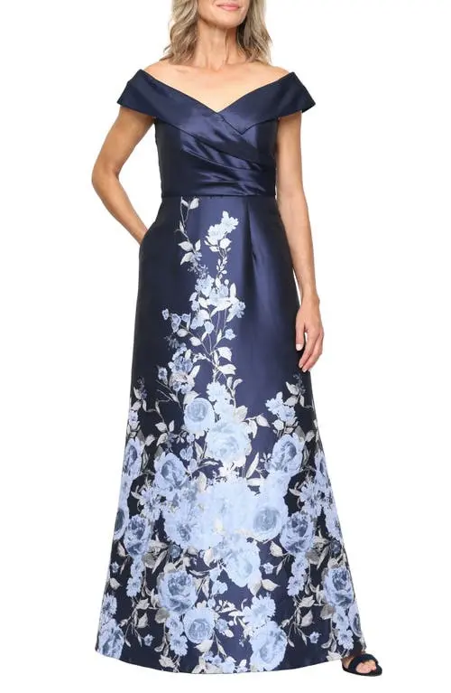 Alex Evenings Print Off The Shoulder Gown - Navy Multi