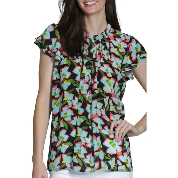 APNY Allover Print Flutter Sleeve Shirt - Turquoise Multi