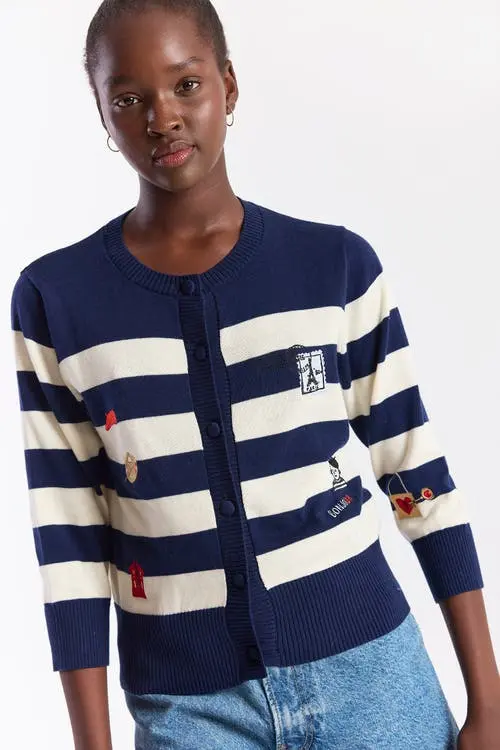 WISPR Striped Cropped Cardigan - Navy/cream