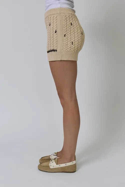 Central Park West Jaden Embroidered Cable-knit Shorts - Tan