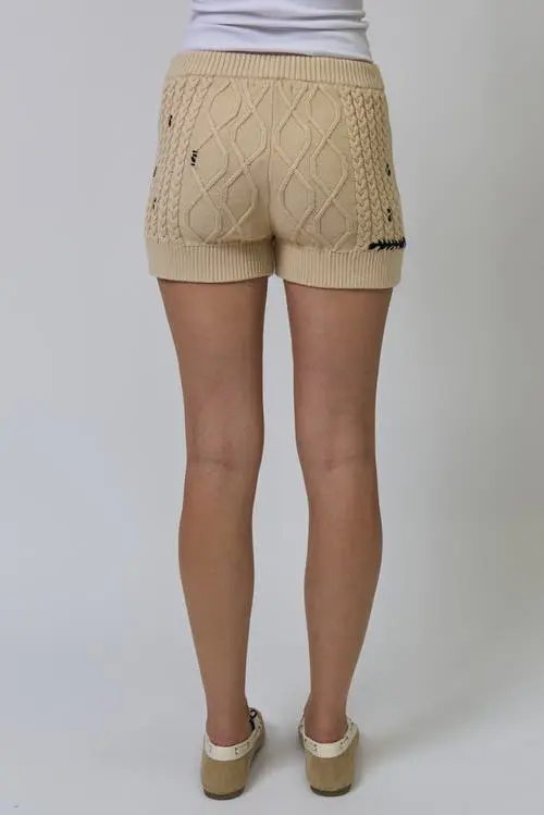 Central Park West Jaden Embroidered Cable-knit Shorts - Tan