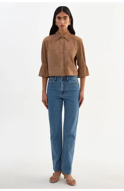 LAMARQUE Suede Ruffle Sleeve Shirt Jacket - Latte
