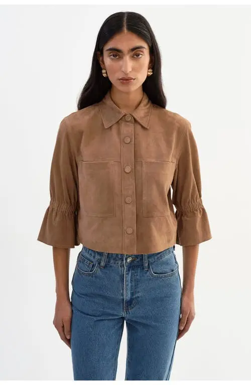 LAMARQUE Suede Ruffle Sleeve Shirt Jacket - Latte
