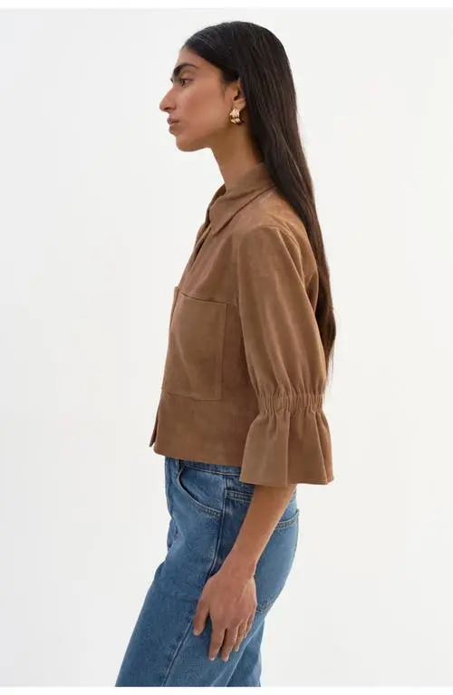 LAMARQUE Suede Ruffle Sleeve Shirt Jacket - Latte