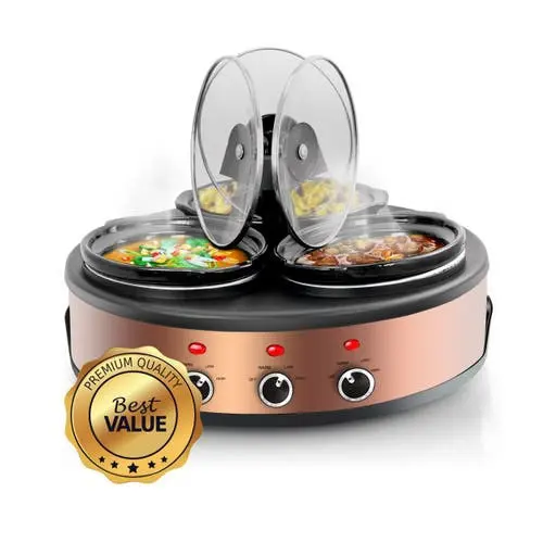 MEGACHEF Round Slow Cooker And Buffet Server With 3 Ceramic Cooking Pots
