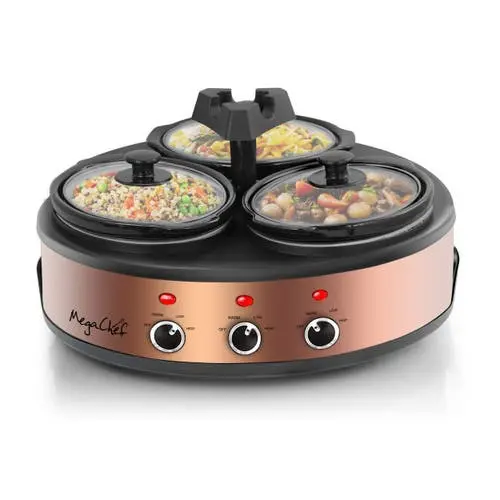 MEGACHEF Round Slow Cooker And Buffet Server With 3 Ceramic Cooking Pots