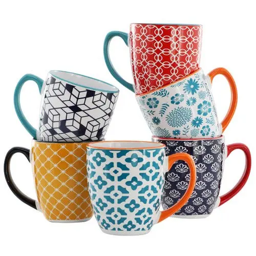 ELAMA Rory 6 Piece 16 Ounce Design Stoneware Mug Set - Assorted
