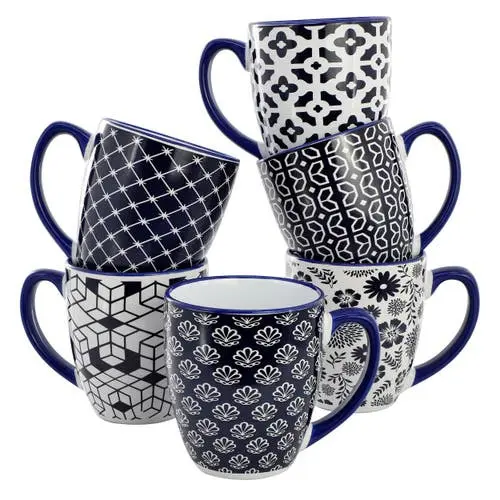 ELAMA Flyn 6 Piece 16 Ounce Assorted Design Stoneware Mug Set - Blue