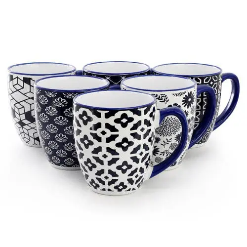 ELAMA Flyn 6 Piece 16 Ounce Assorted Design Stoneware Mug Set