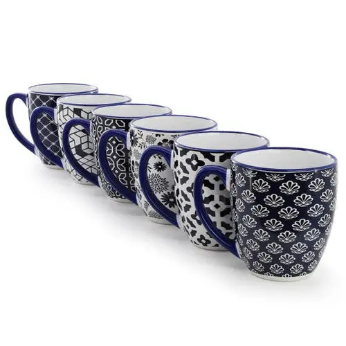 ELAMA Flyn 6 Piece 16 Ounce Assorted Design Stoneware Mug Set