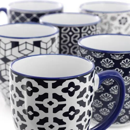 ELAMA Flyn 6 Piece 16 Ounce Assorted Design Stoneware Mug Set