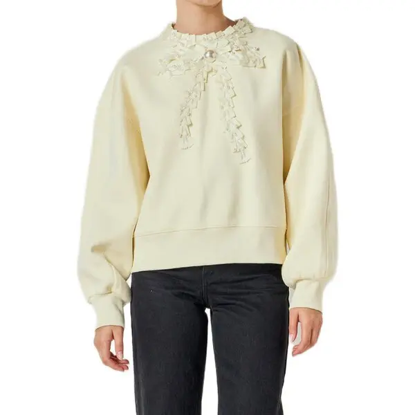 English Factory Beaded Ribbon Neck Sweatshirt