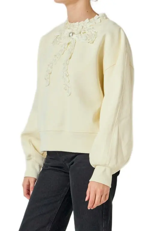 English Factory Beaded Ribbon Neck Sweatshirt