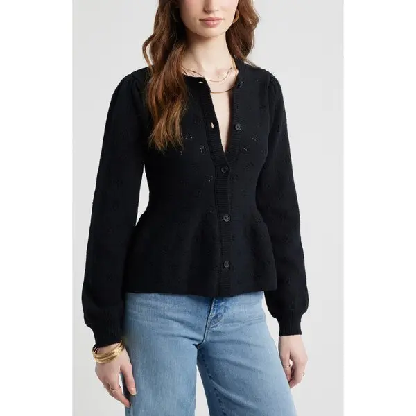 Treasure & Bond Pointelle Peplum Cardigan - Black