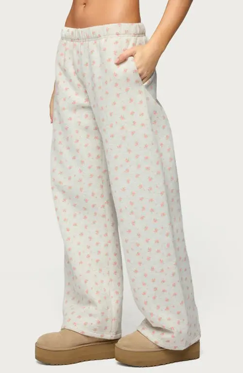 EDIKTED Floral Print Wide-leg Sweatpants - Light-gray-melange