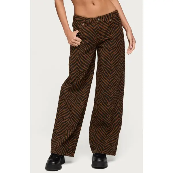 EDIKTED Zebra Print Baggy Straight Leg Jeans - Brown