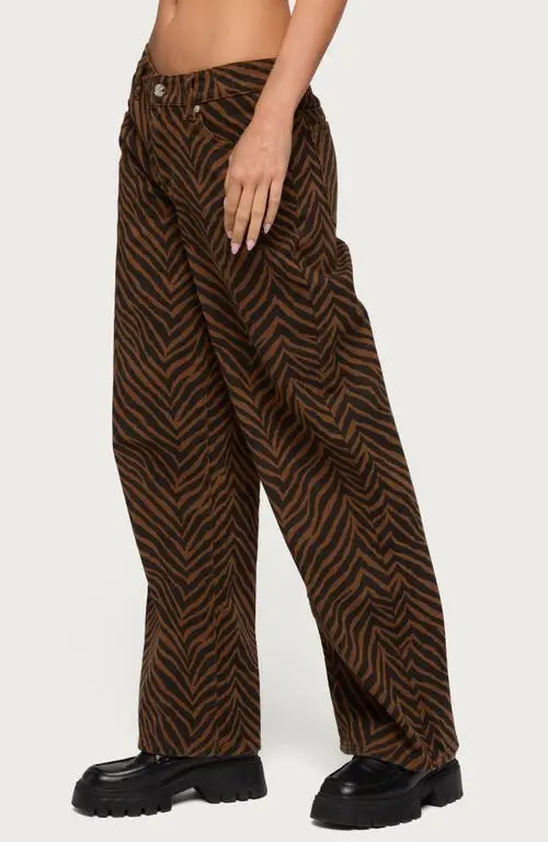 EDIKTED Zebra Print Baggy Straight Leg Jeans - Brown