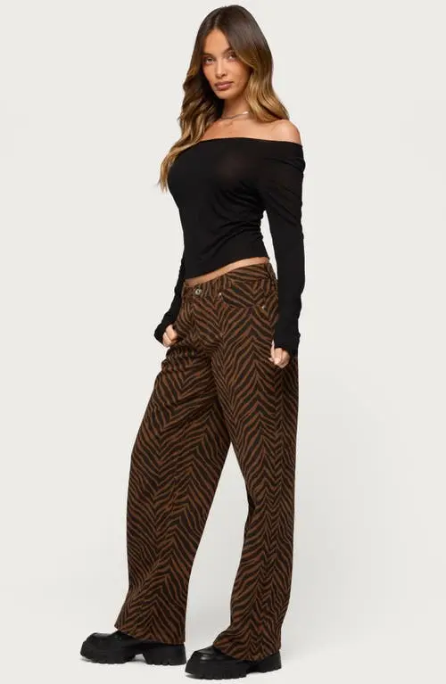 EDIKTED Zebra Print Baggy Straight Leg Jeans - Brown