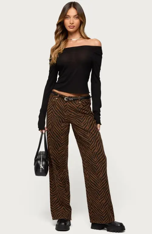 EDIKTED Zebra Print Baggy Straight Leg Jeans - Brown
