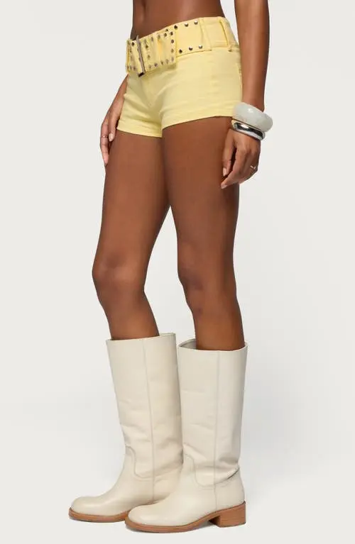 EDIKTED Studded Belt Denim Micro Shorts - Yellow