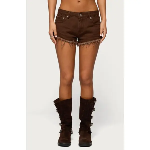 EDIKTED Cutoff Denim Shorts - Brown