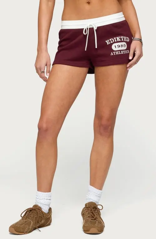 EDIKTED Athlete Contrast Waist Drawstring Micro Shorts - Burgundy