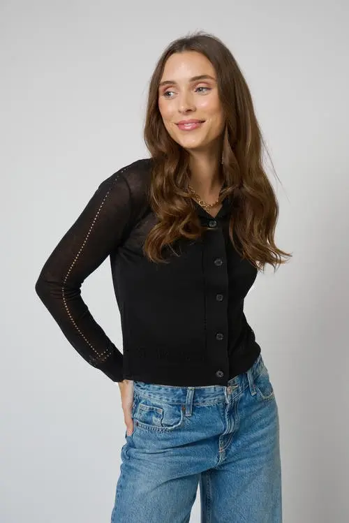 Central Park West Serena Sheer Pointelle Cardigan - Black