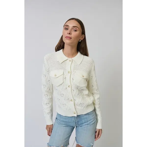 Central Park West Allie Mixed Stitch Button Down Sweater - Bone