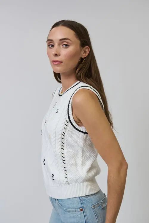 Central Park West Jaden Embroidered Cable Knit Shell - Ivory
