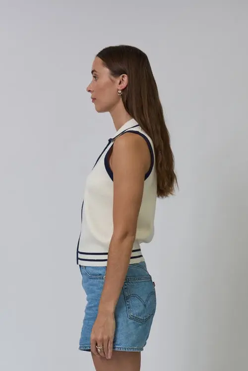 Central Park West Sleeveless Knit Vest With Striped Hem