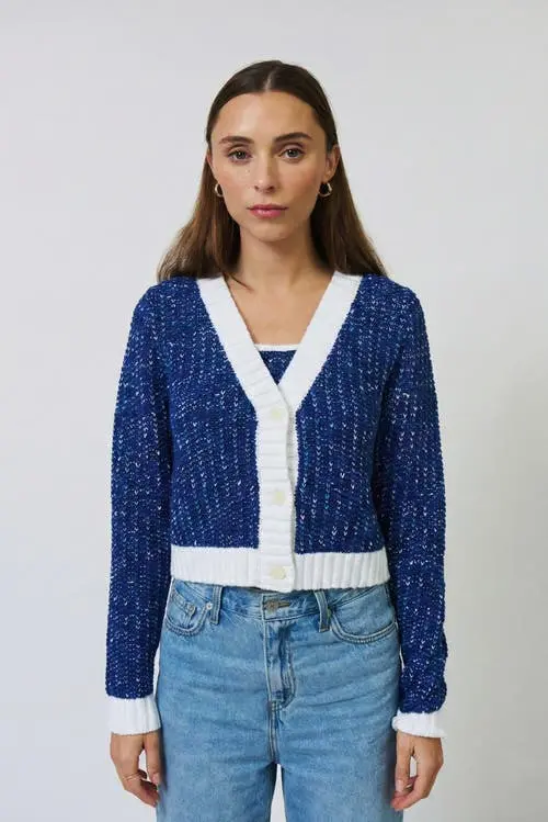 Central Park West Allie Cropped Chunky Cardigan - Blue Multi