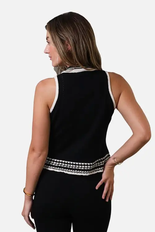 Central Park West Crochet Edge Collared Top - Black
