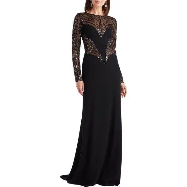 Tadashi Shoji Sequin Mesh Long Sleeve Gown - Black/silver