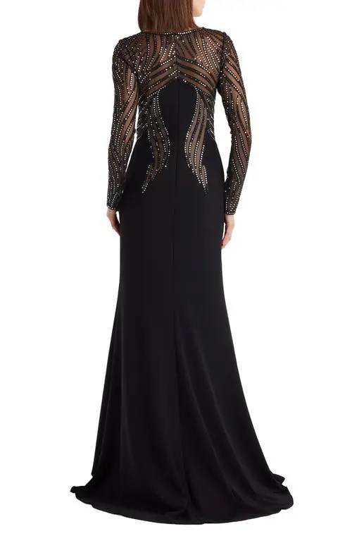 Tadashi Shoji Sequin Mesh Long Sleeve Gown - Black/silver