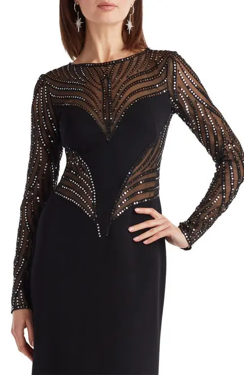 Tadashi Shoji Sequin Mesh Long Sleeve Gown - Black/silver