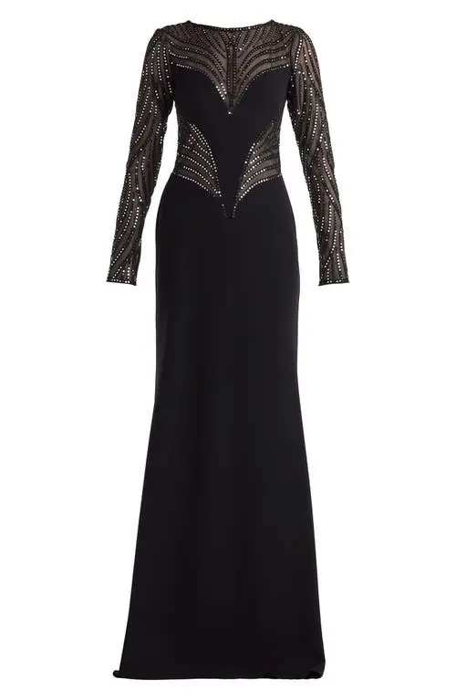 Tadashi Shoji Sequin Mesh Long Sleeve Gown - Black/silver