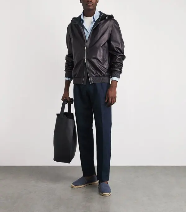 BRETT JOHNSON Hooded Leather Jacket - Navy