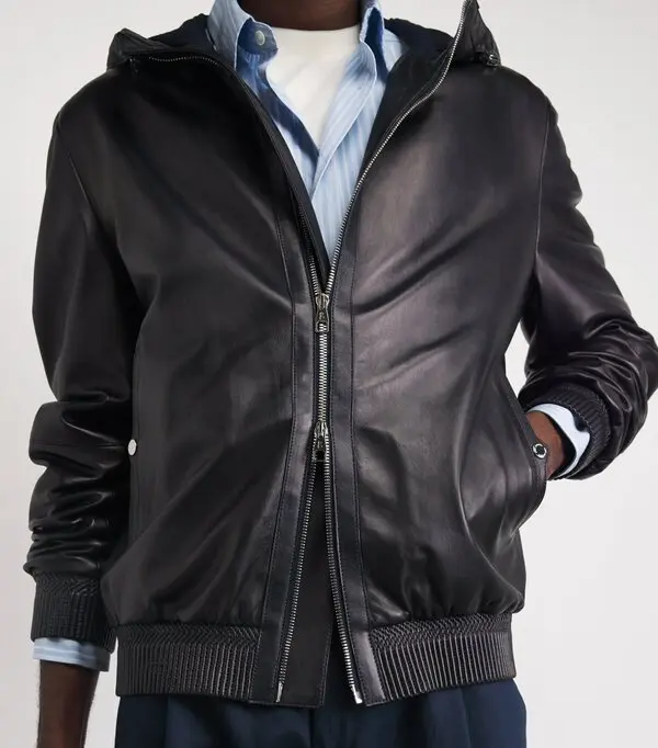 BRETT JOHNSON Hooded Leather Jacket - Navy