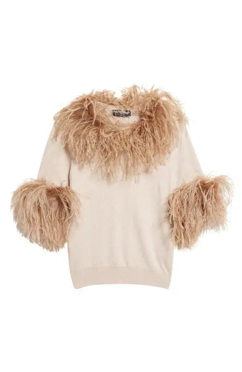 Dolce & Gabbana Feather Trim Short Sleeve Cashmere Sweater - Beige